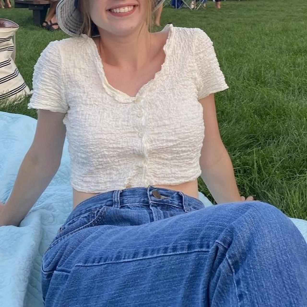 White Button Up Crop Top With Crinkle Texture Depop