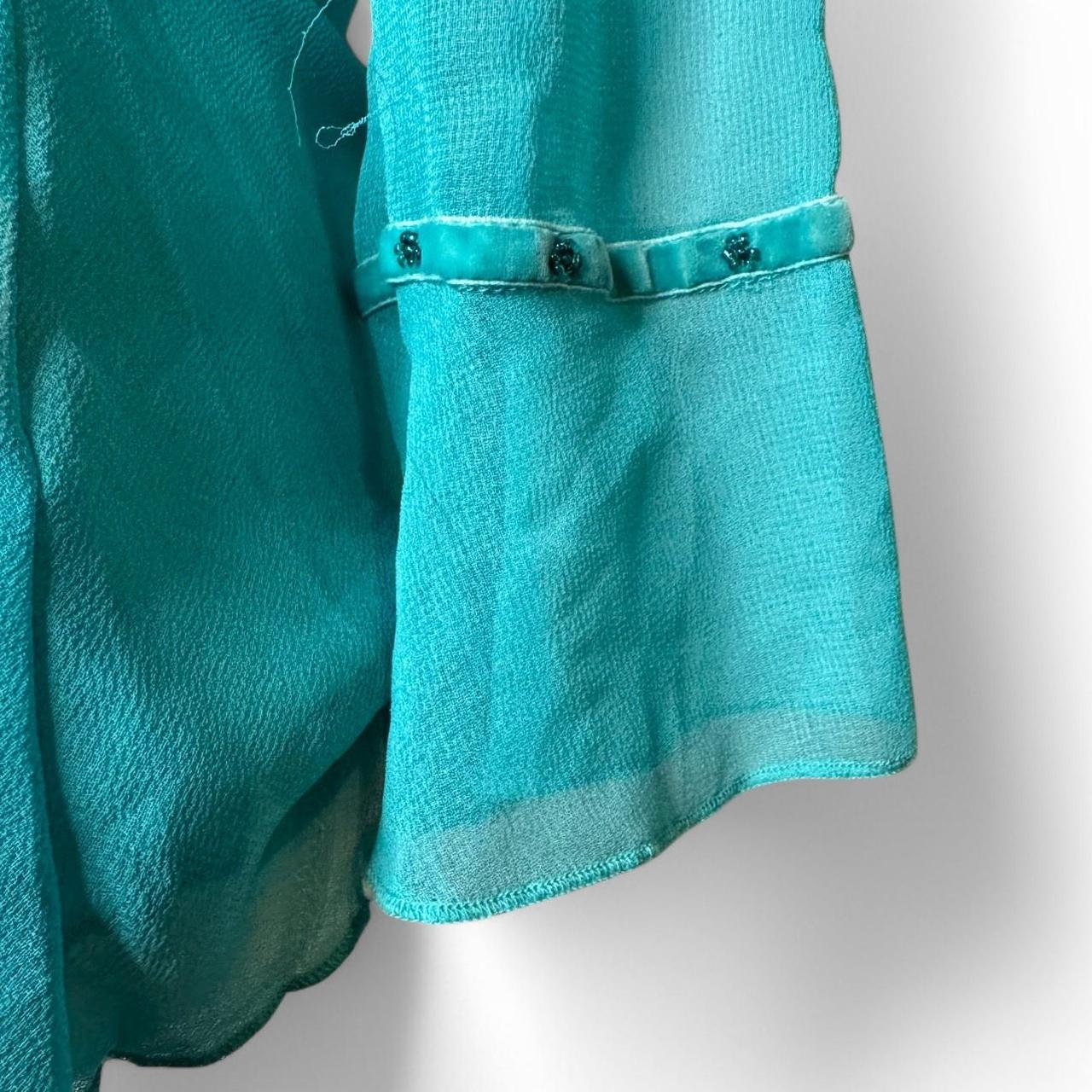 vintage turquoise blue sheer blouse with beaded trim... | Depop