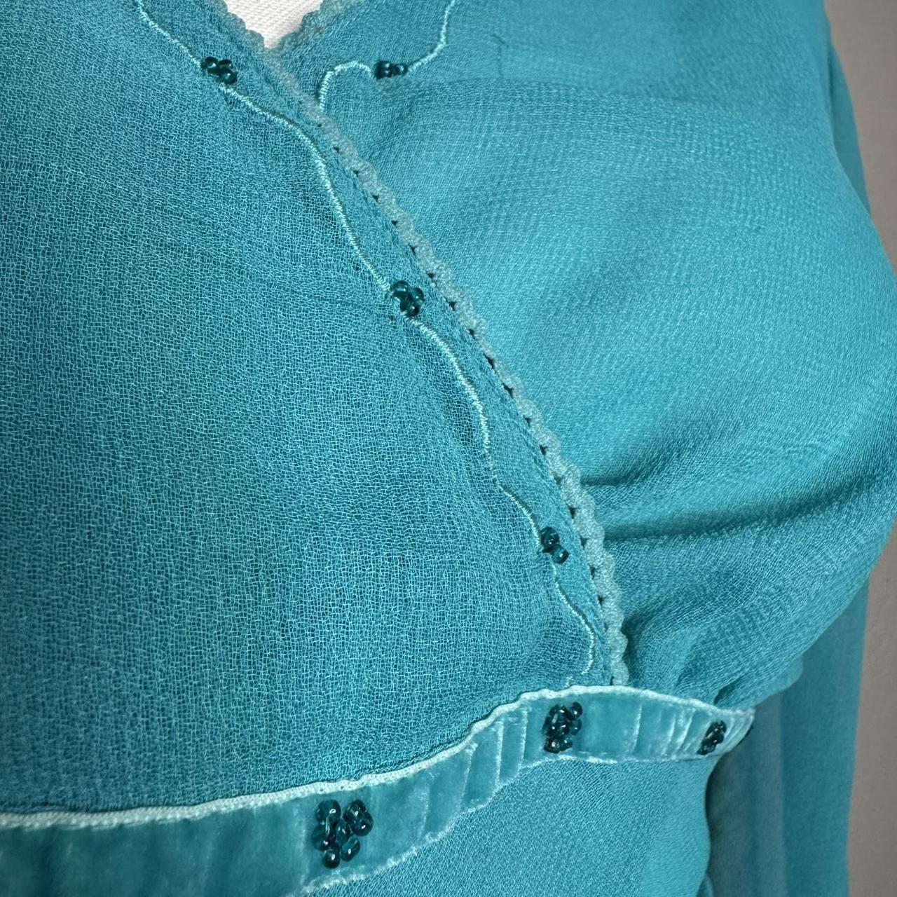 vintage turquoise blue sheer blouse with beaded trim... | Depop