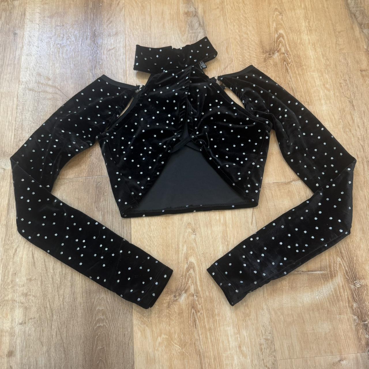Current Mood Black Velvet Sparkle Cut-Out Top –... | Depop