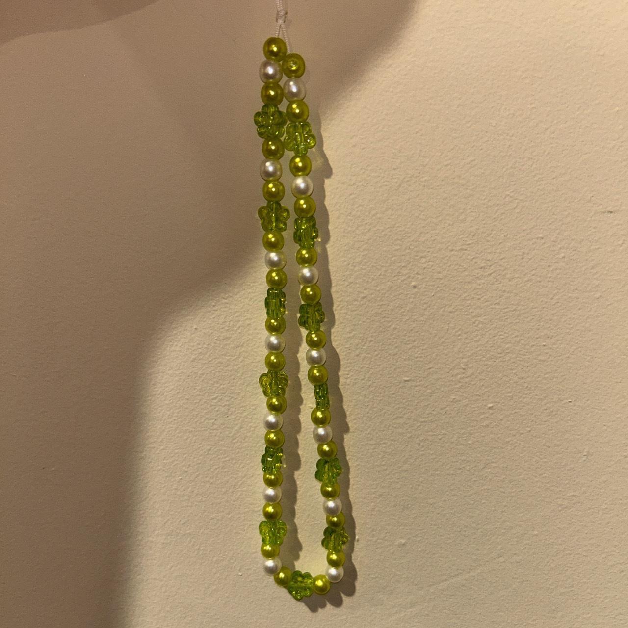 Handmade Green and White Phone Charm With Green Flowers - Depop
