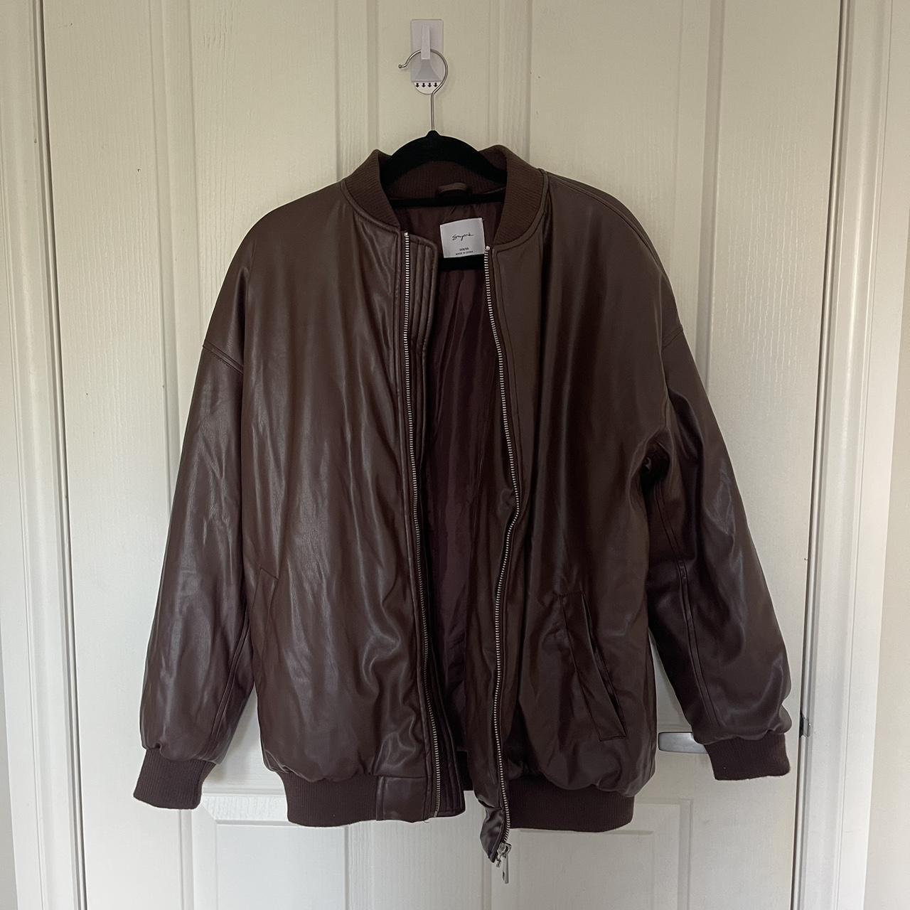 Brown leather oversized jacket Supre XS (would fit... - Depop