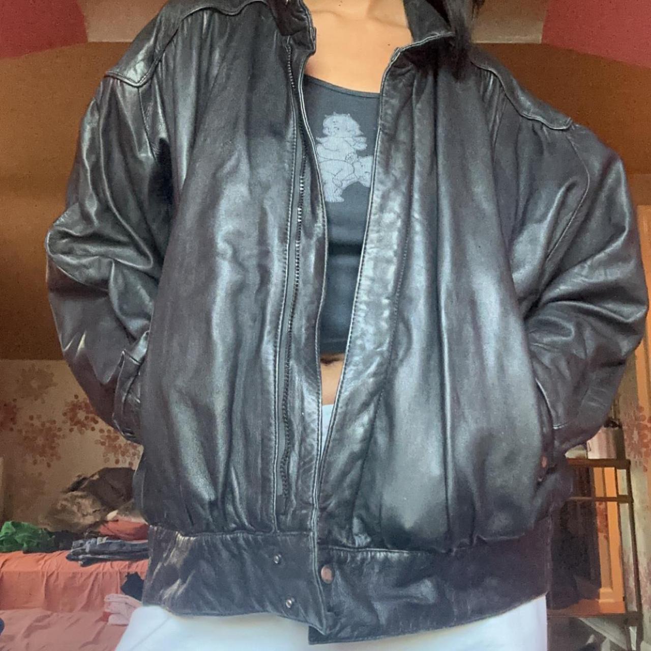 Thrifted black leather bomber jacket #leatherjacket - Depop