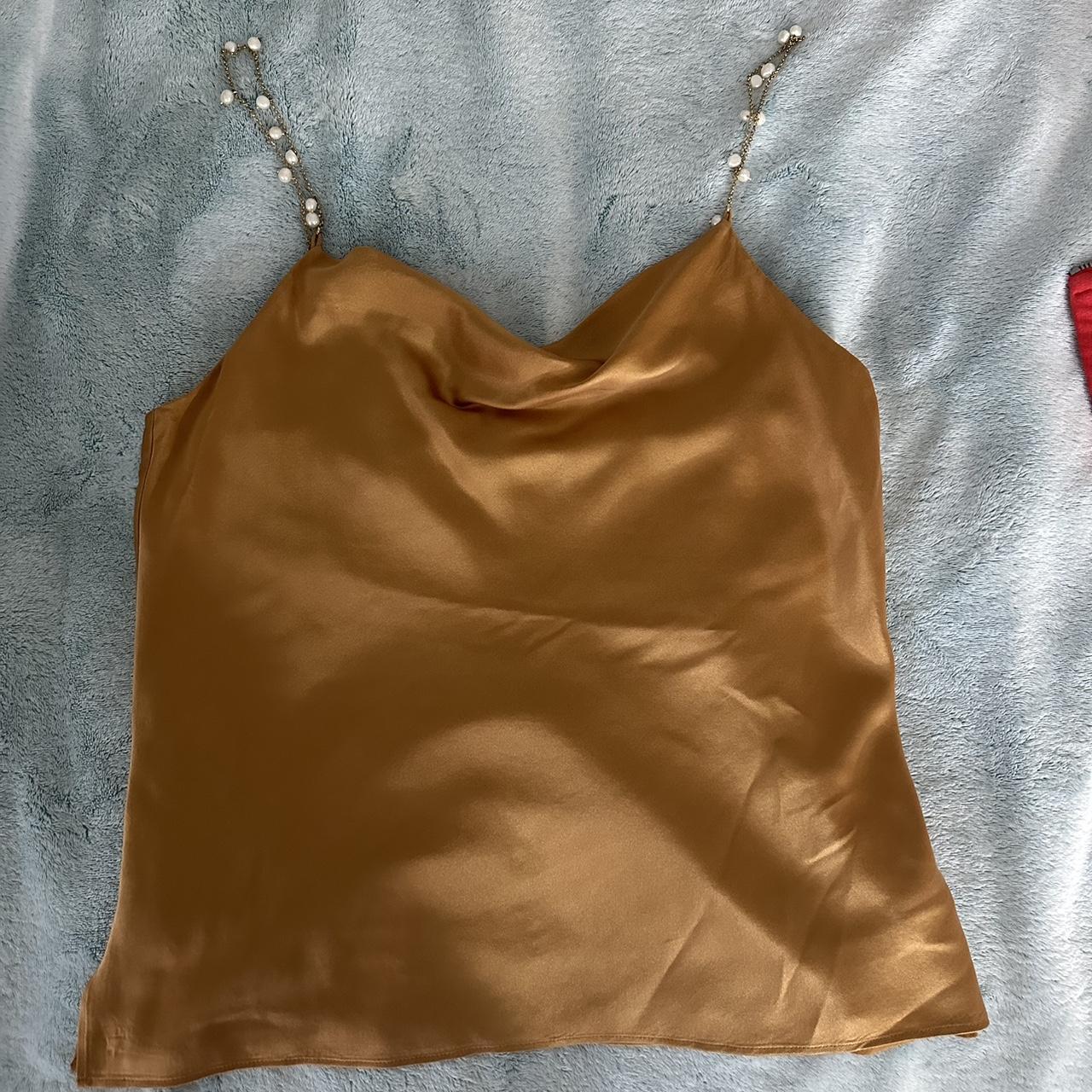 Bronze silk cami with gold chain and pearl straps... - Depop