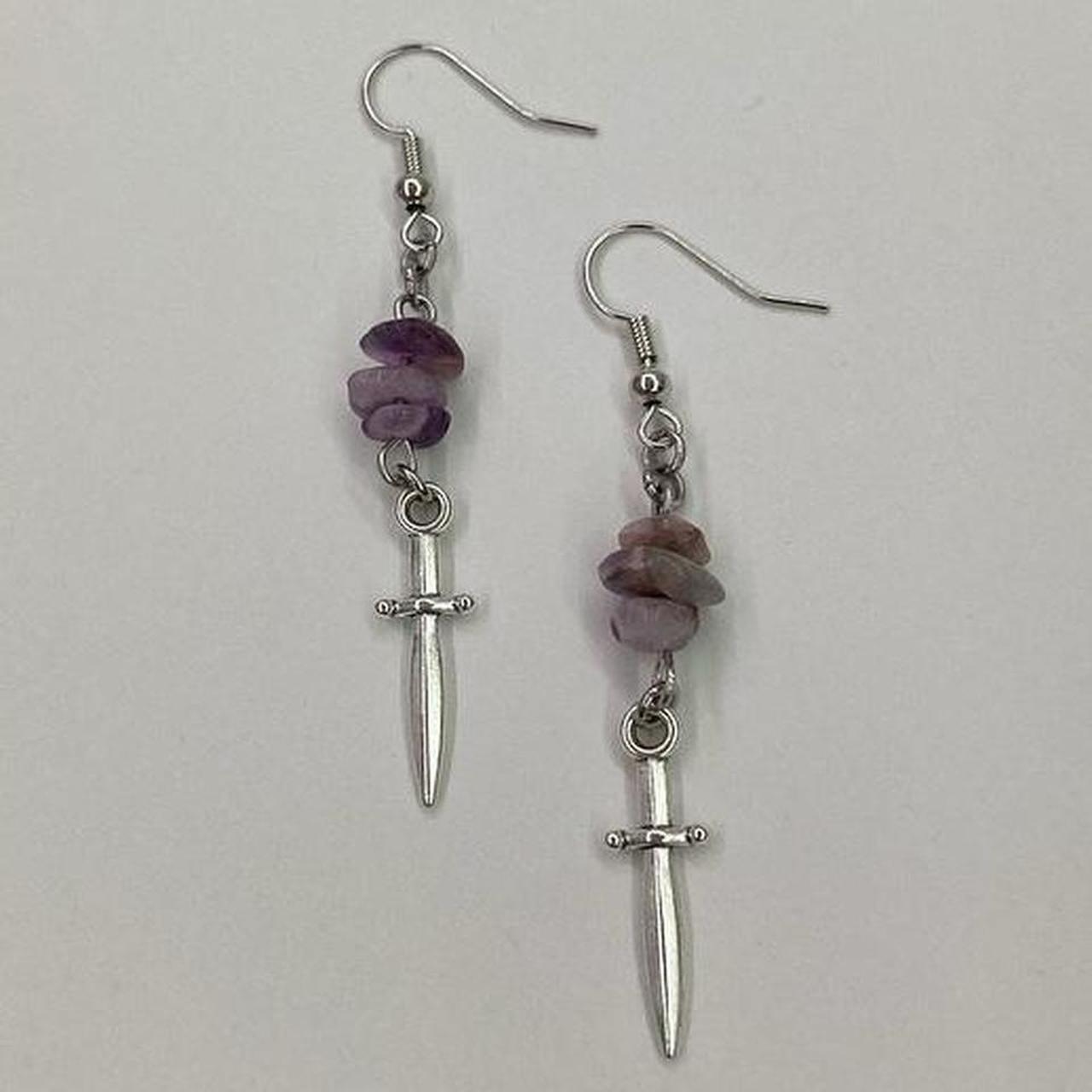 Amethyst Sword Earrings 2 inch dangle Nickel free... - Depop