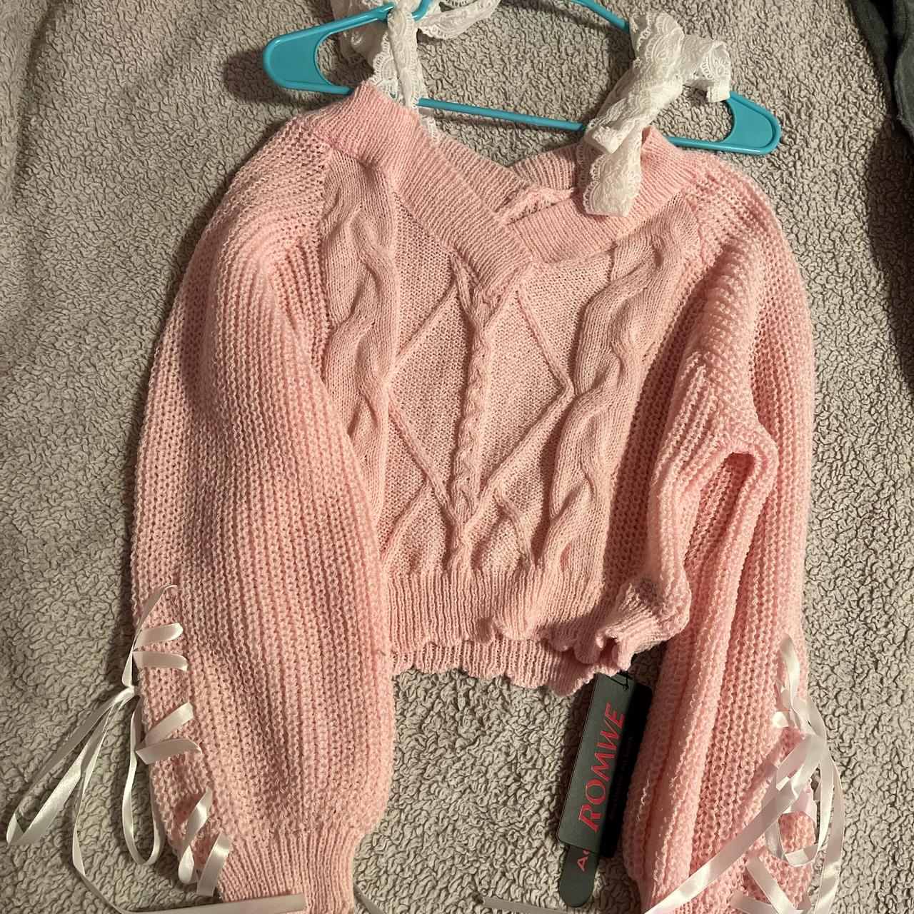 coquette pink sweater with lacey bow straps and lace... | Depop