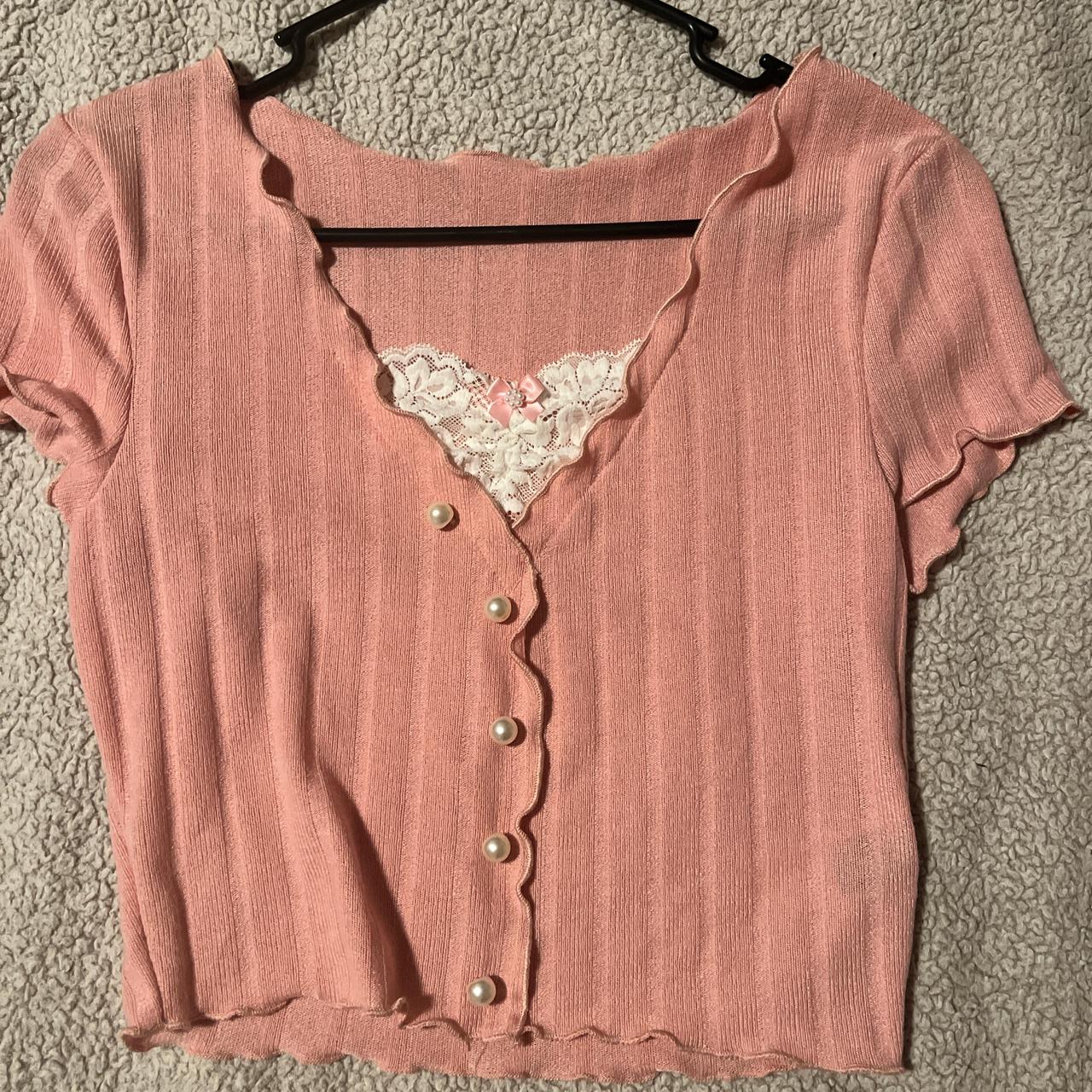 coquette pastel pink lacey blouse with bow detailing... | Depop