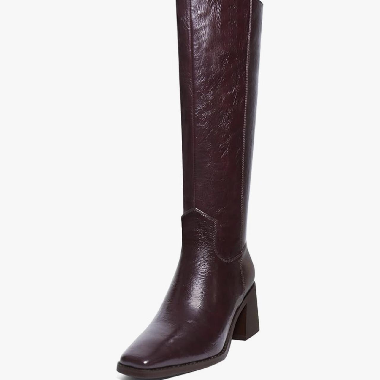 Burgundy leather knee high boots with a square toe... - Depop