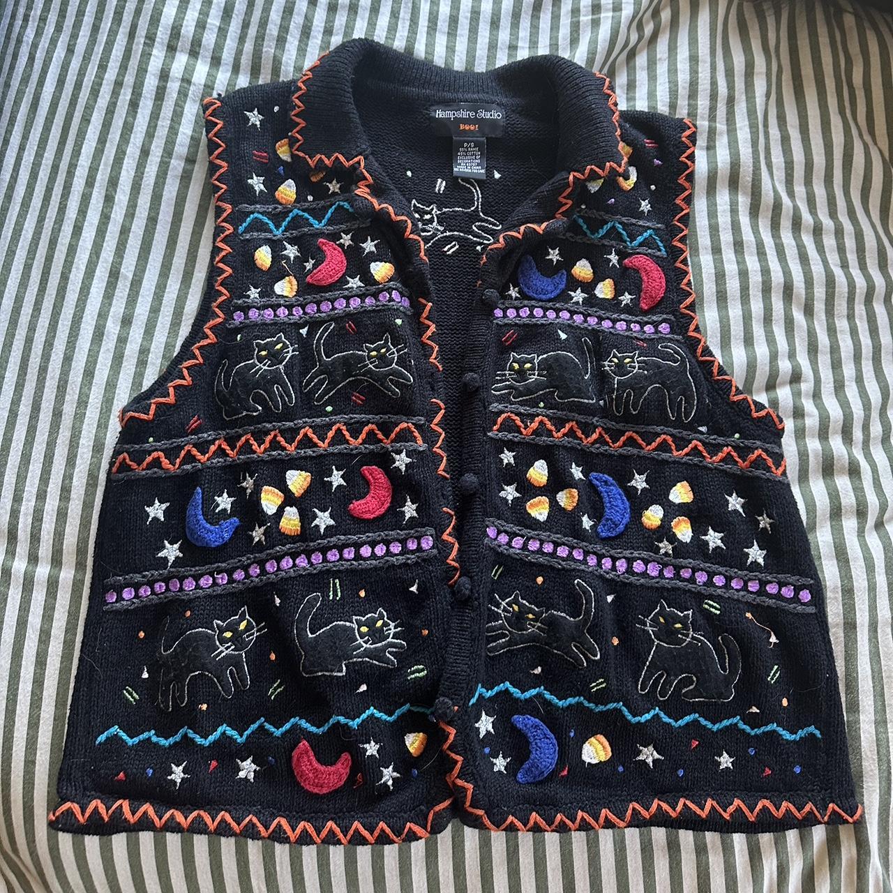 Black and multicoloured Halloween cat sweater vest... - Depop