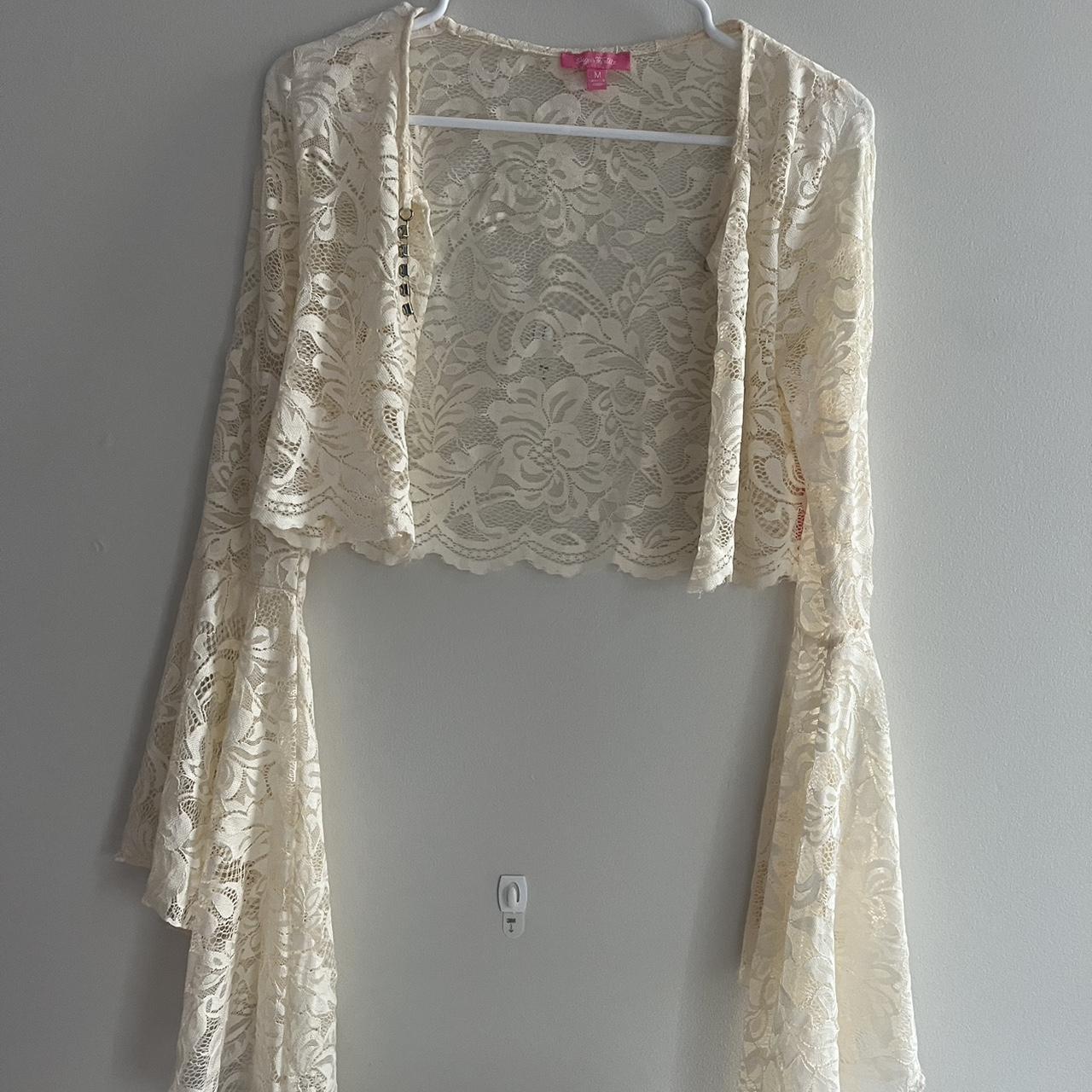 Cream and white lace bolero with flared sleeves and... - Depop