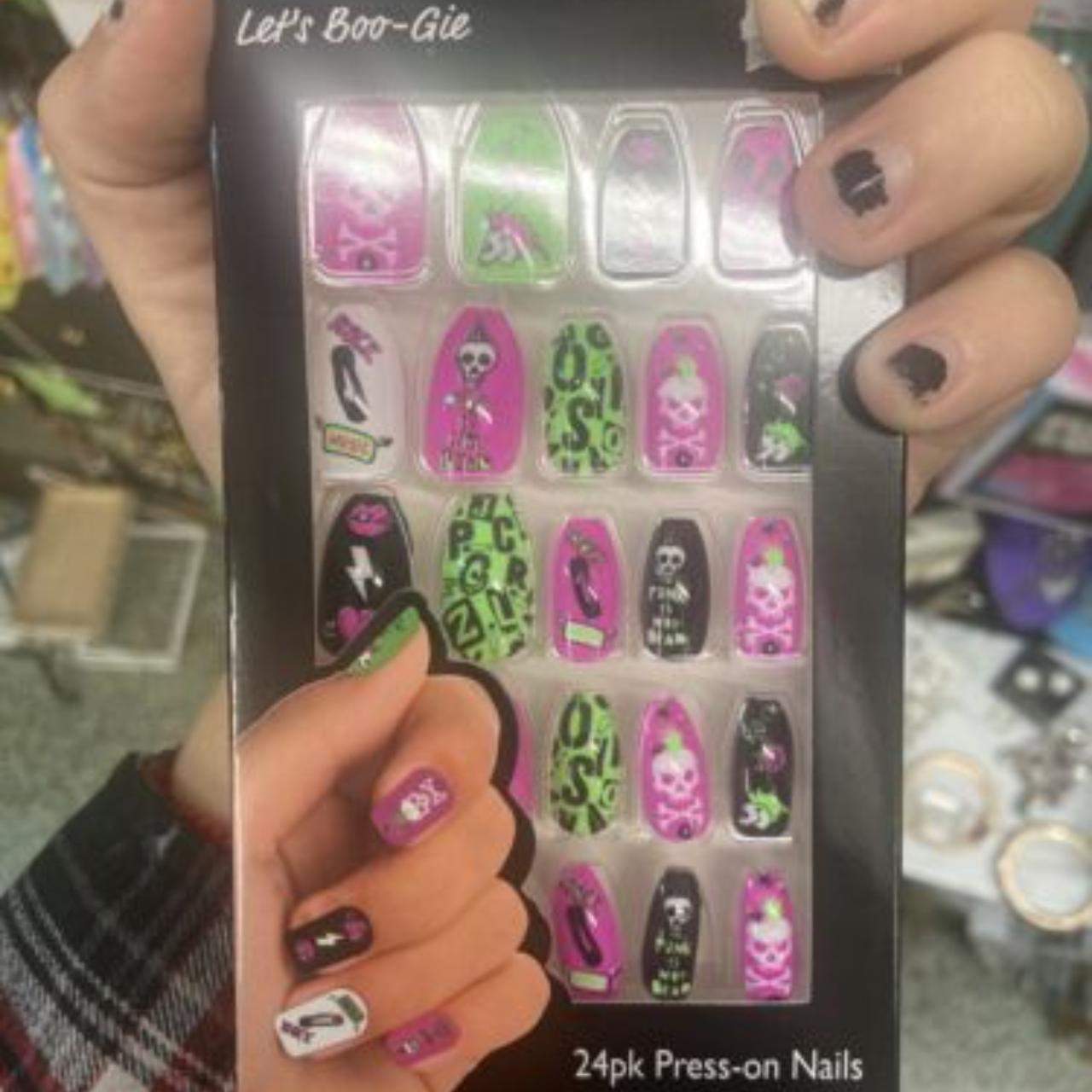 24 Pack Press On Nails Let's Boo-Gie Hot Pink Green... - Depop