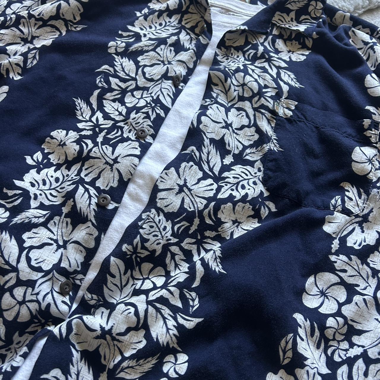 Pineapple Connection Navy and white Hawaiian button... | Depop