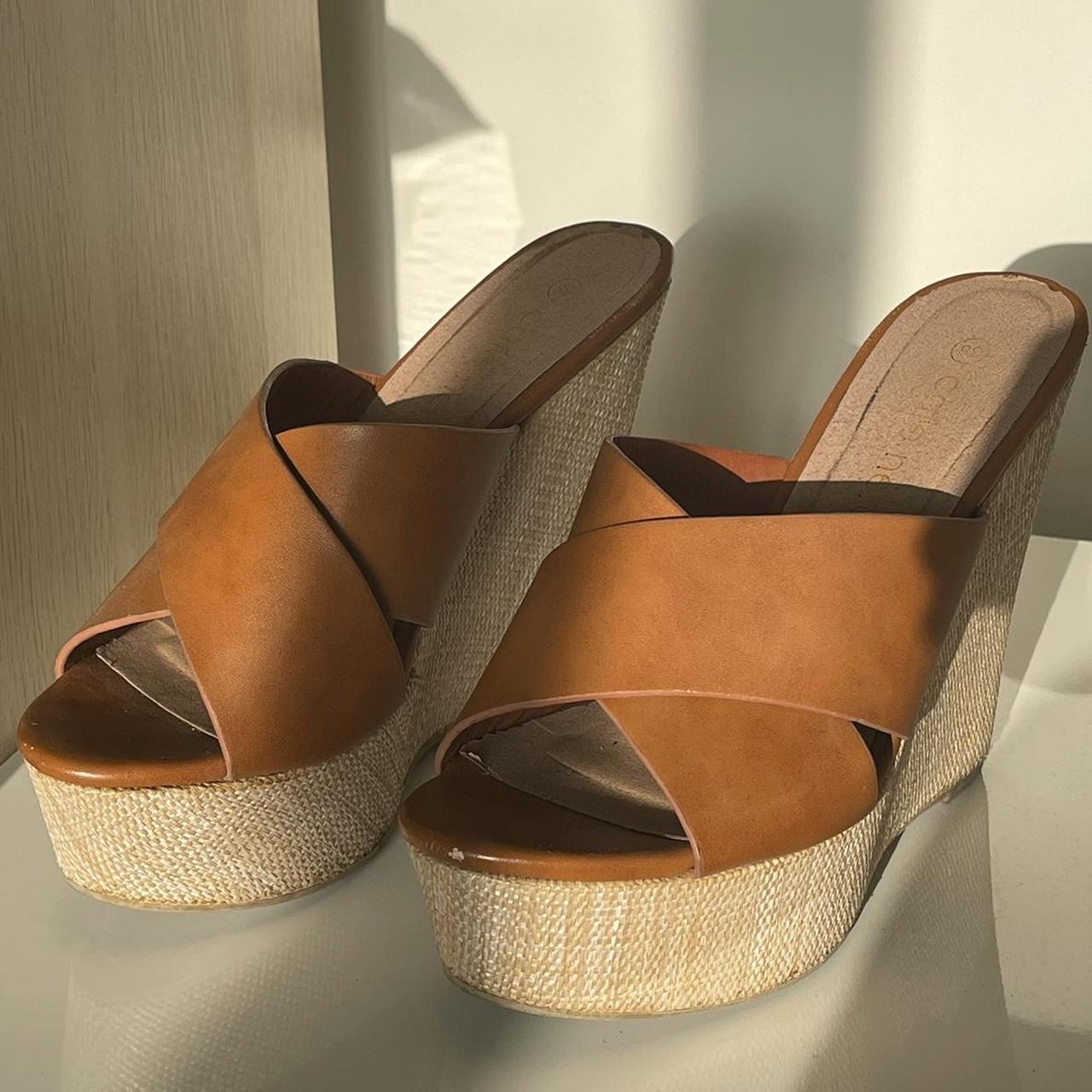 Cross strap wedges in tan color espadrille... - Depop