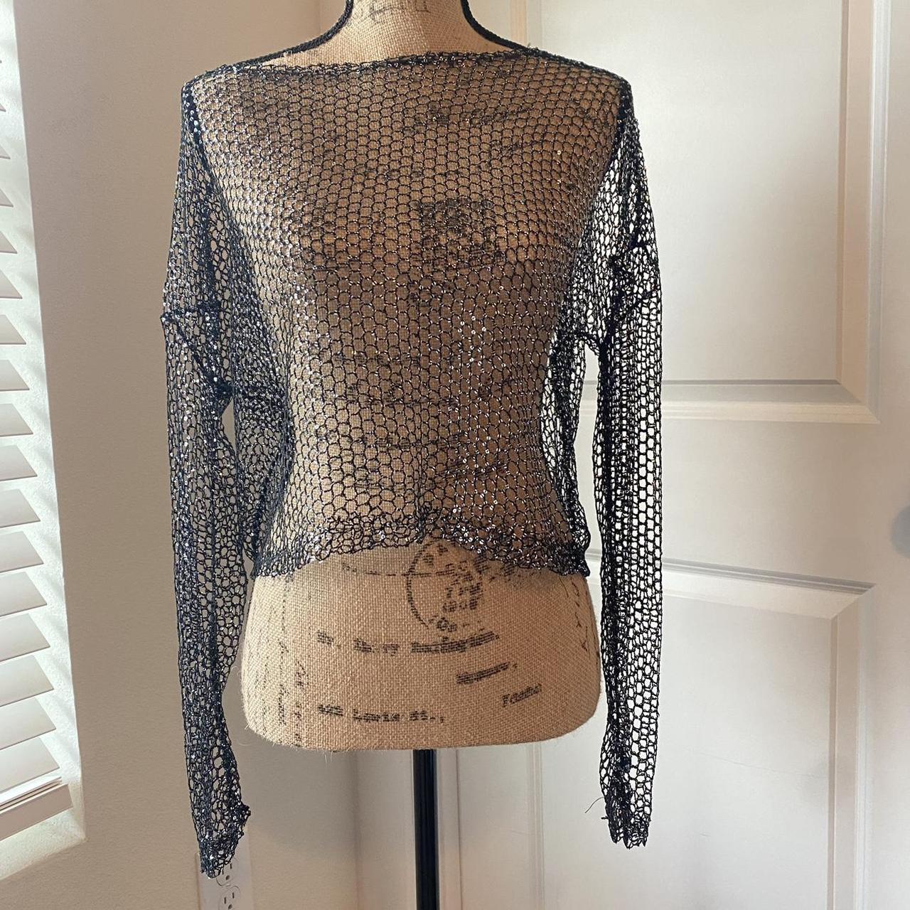 black and silver mesh/fish net long sleeve... - Depop