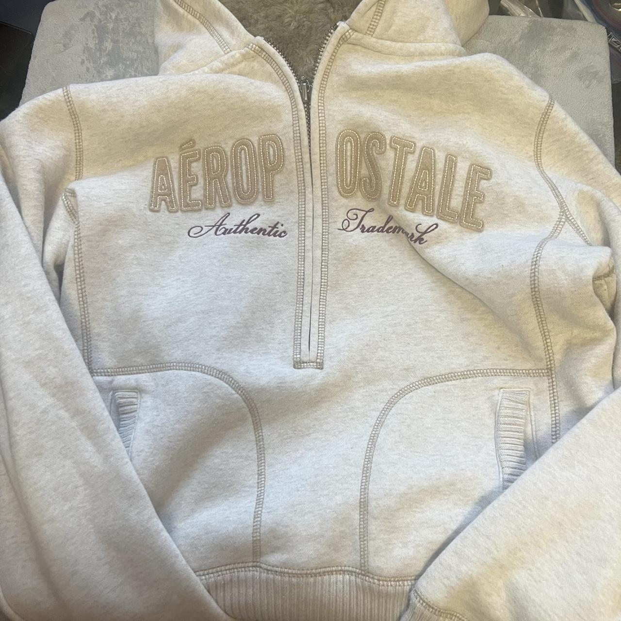 vintage aeropostale zip-up hoodie with fur on the... - Depop