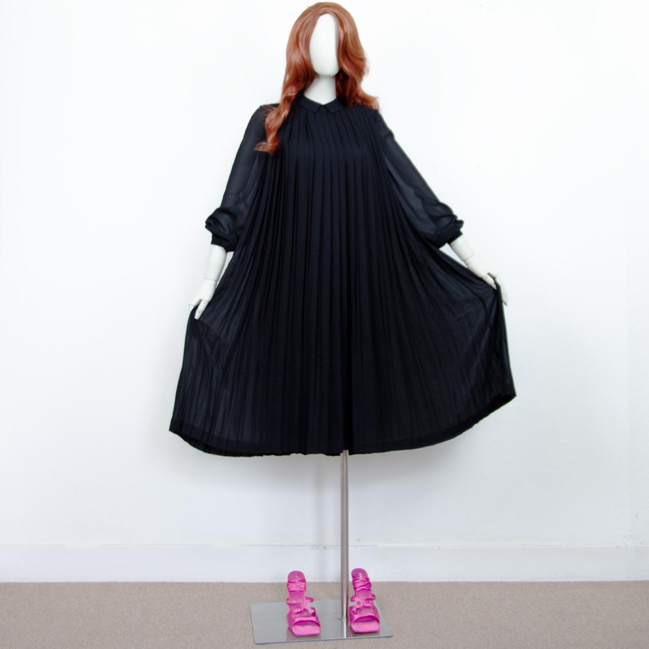 Vintage 70s Black Silk Maci Pleated Trapeze Dress... - Depop