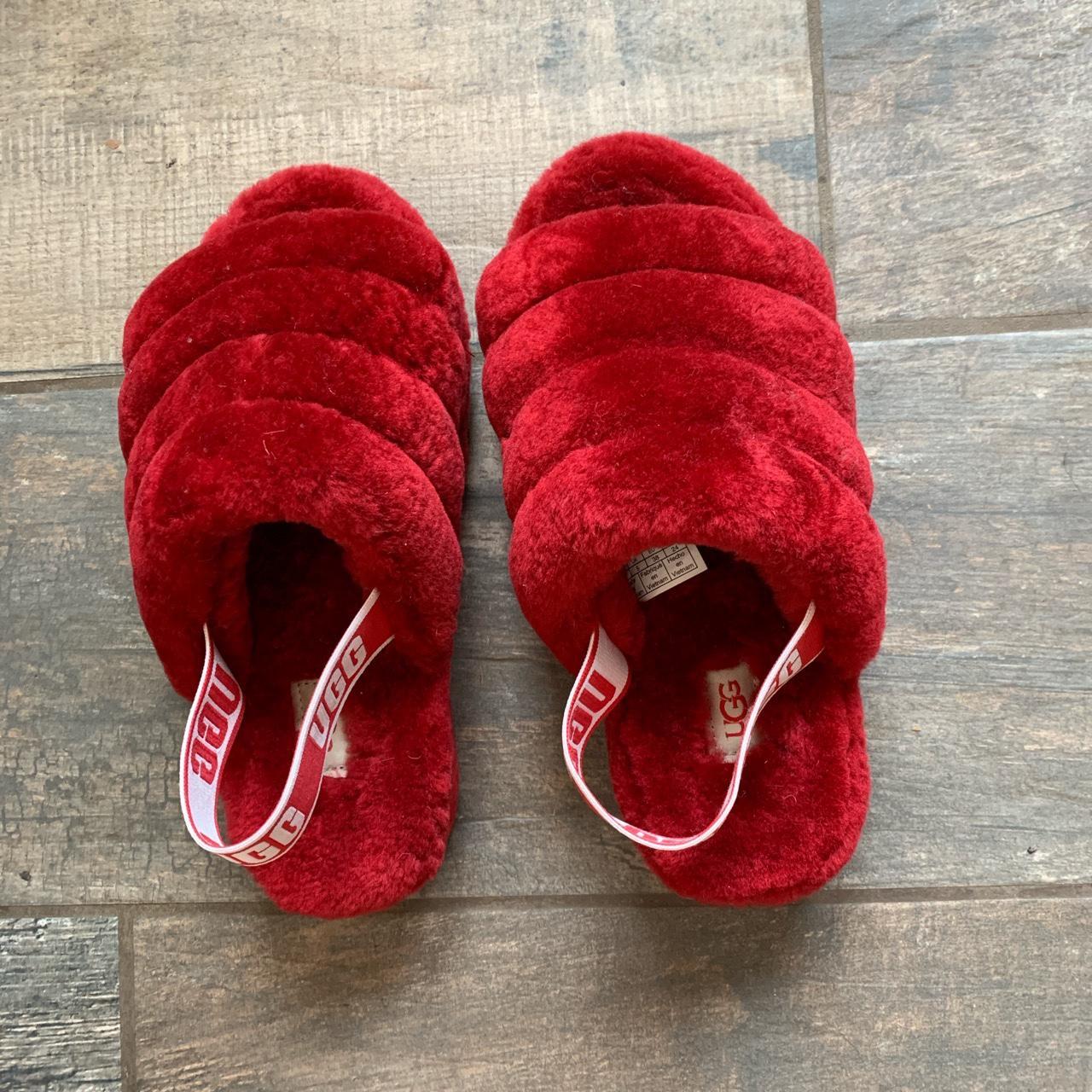 Red Ugg fuzzy slipper slides Very soft Size... - Depop