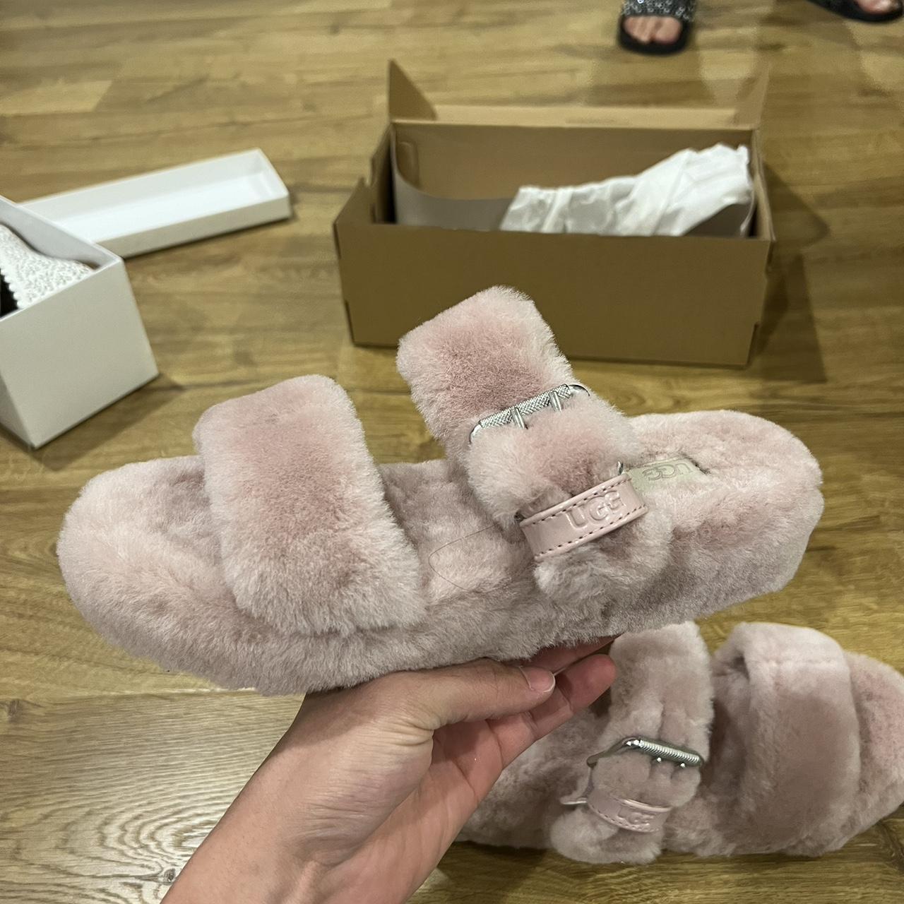 Brand new, never worn Pink UGG fuzz yeah slippers;... - Depop