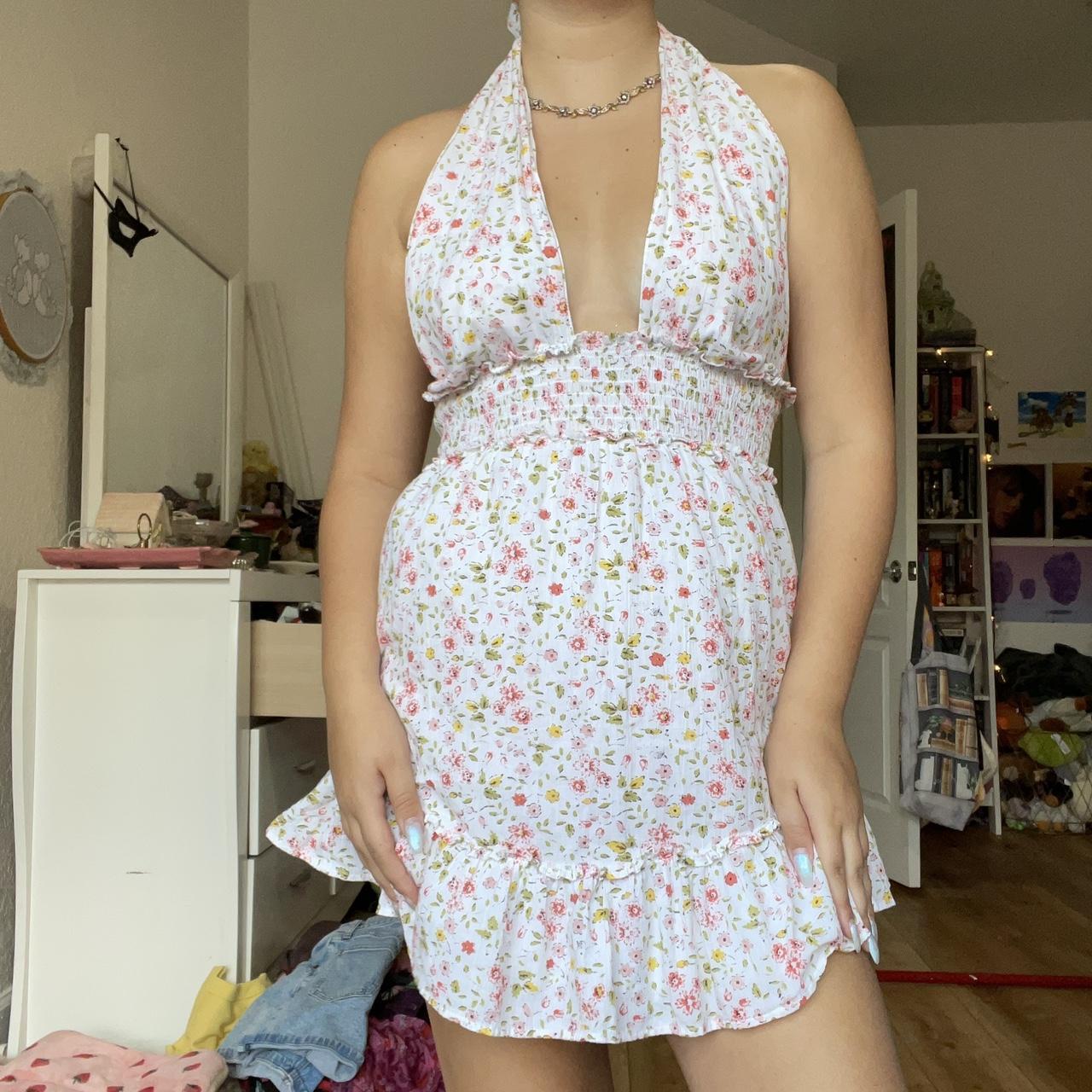 floral halter top summer mini dress size... - Depop