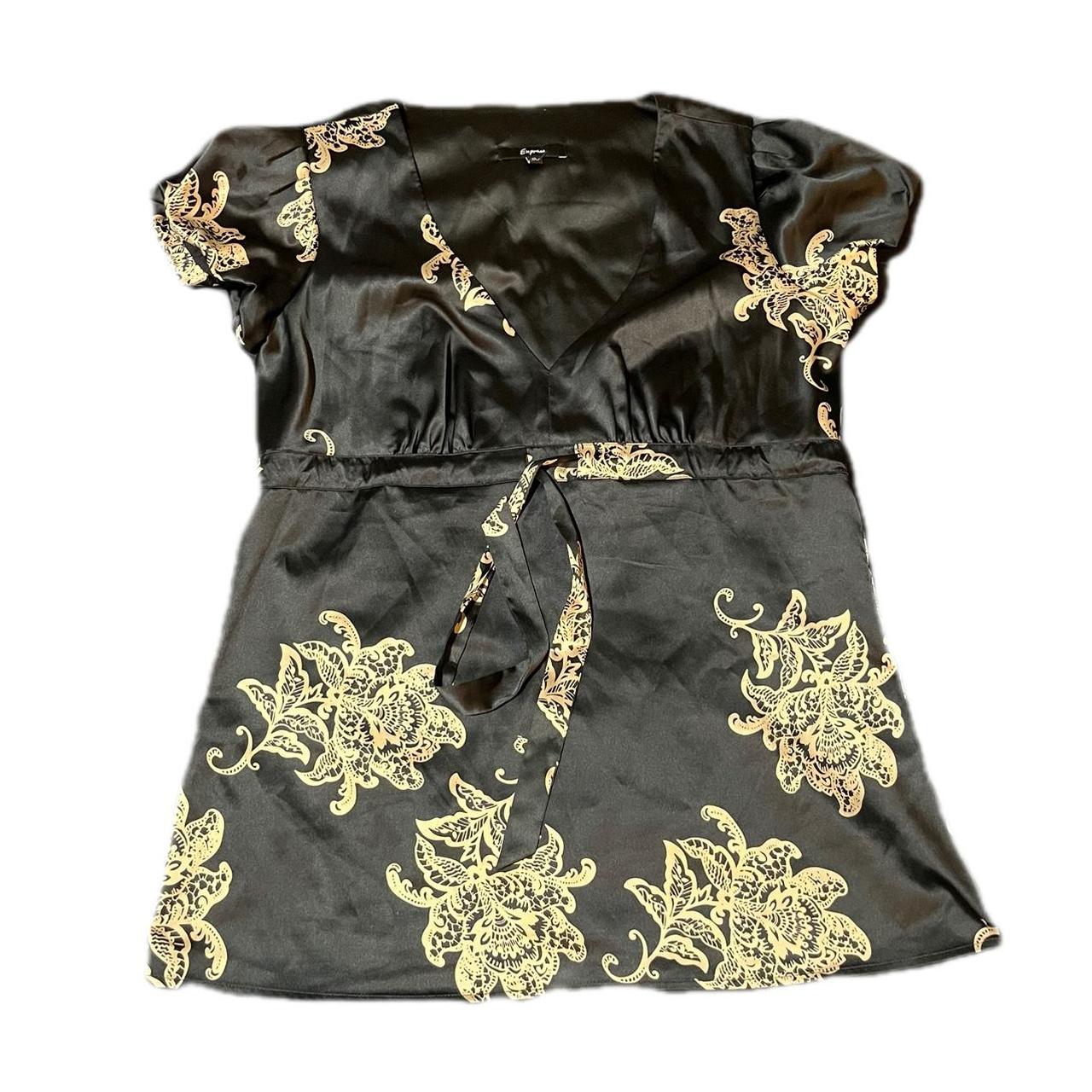 y2k express black and gold wrap top with a floral... - Depop