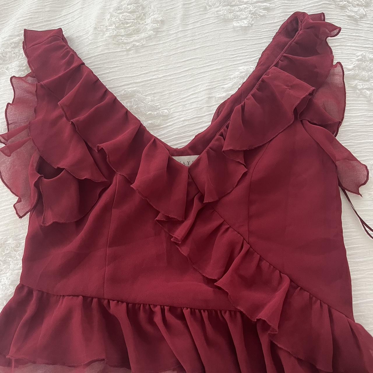 red ruffle blouse worn once super flattering and... - Depop