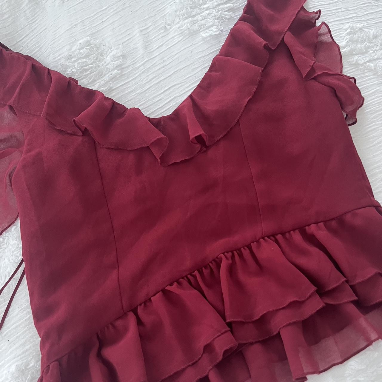 red ruffle blouse worn once super flattering and... - Depop