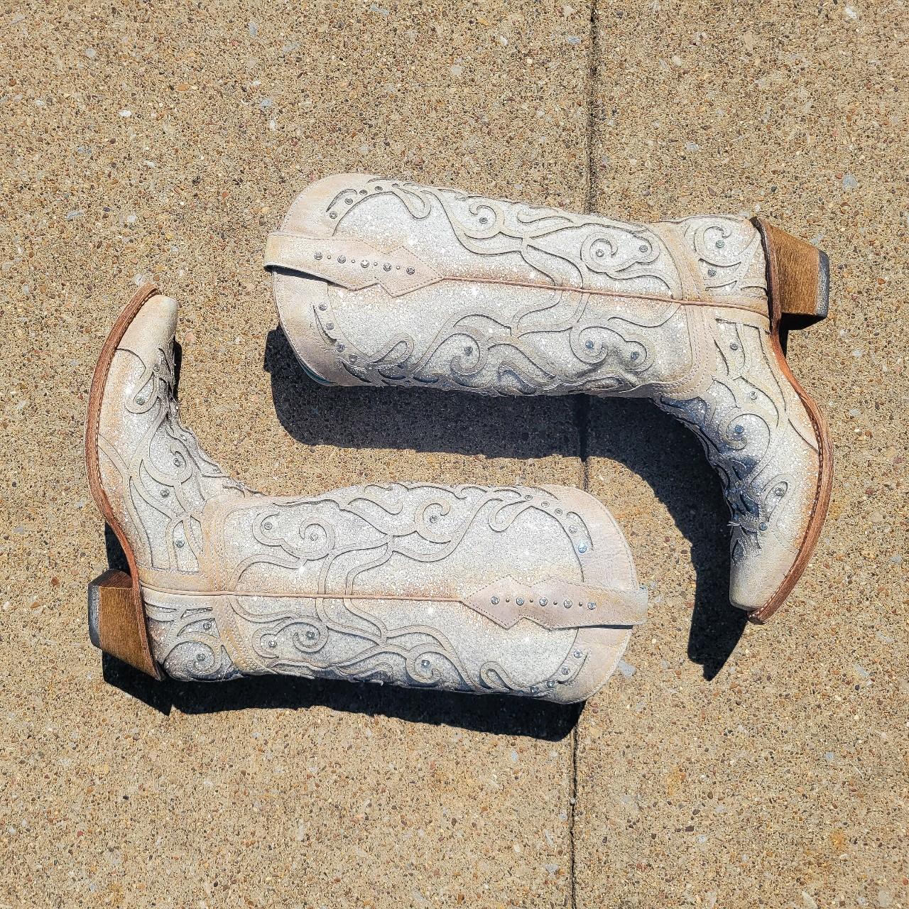 Corral White Glitter Inlay and Crystal Cowgirl Boots... - Depop
