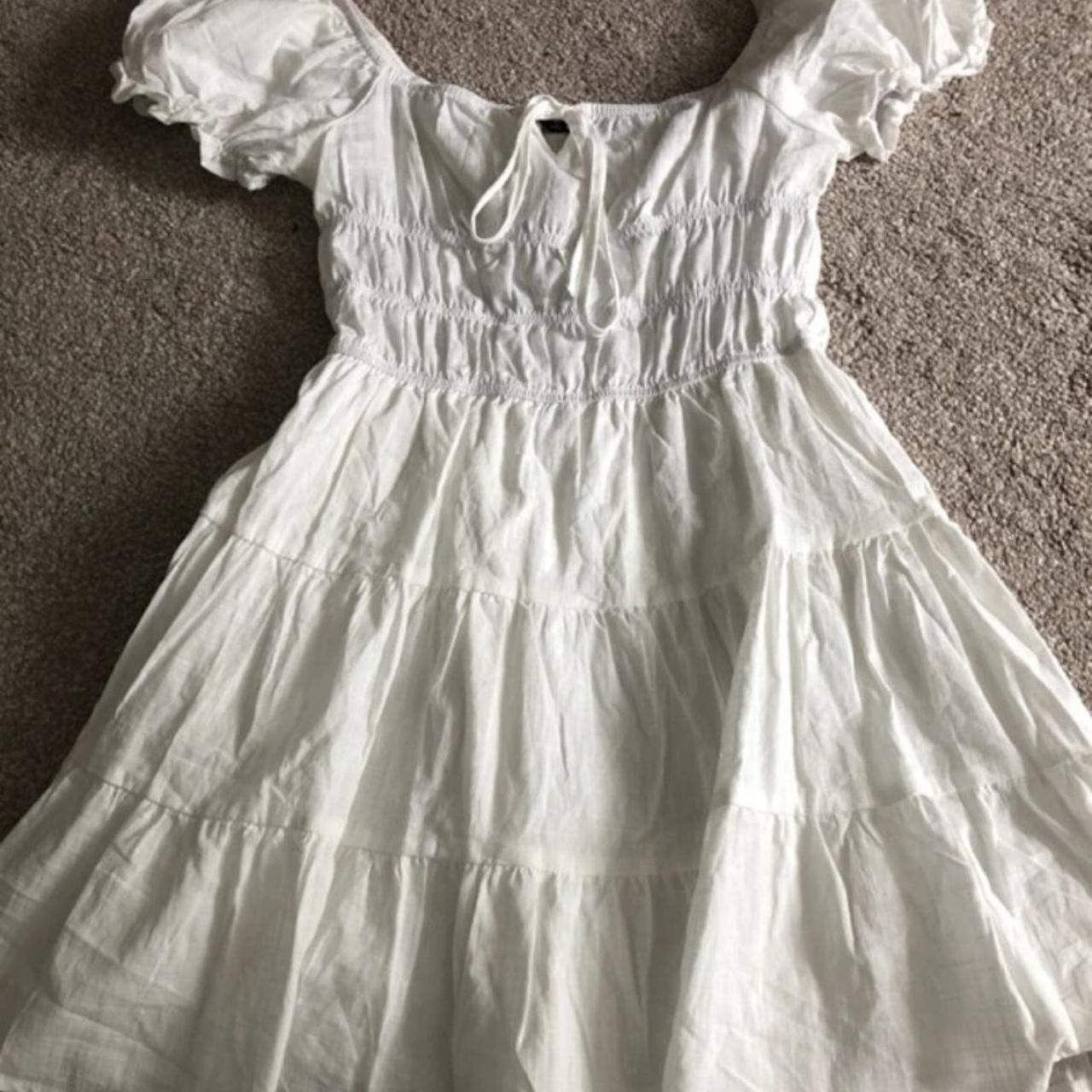 White Tie Neck Ruched Bust Puff Sleeve Tiered... - Depop