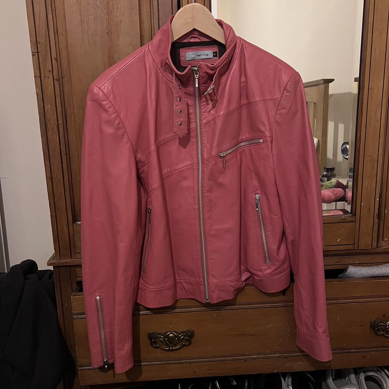 90s coral pink glossy leather jacket. so cute! great... - Depop