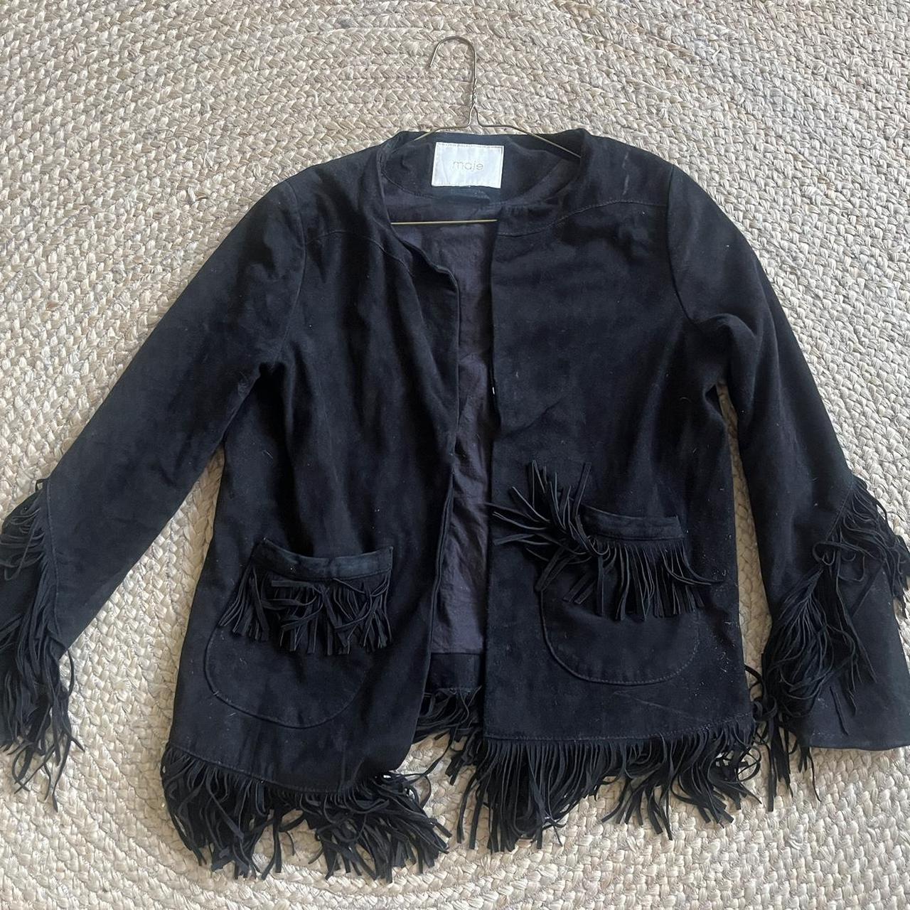 Black suede fringe jacket from Maje, good condition... | Depop