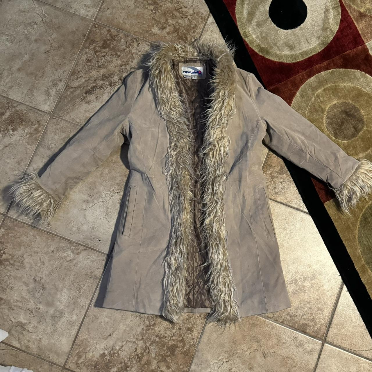 vintage y2k suede fur coat rave girl coat with fur... - Depop
