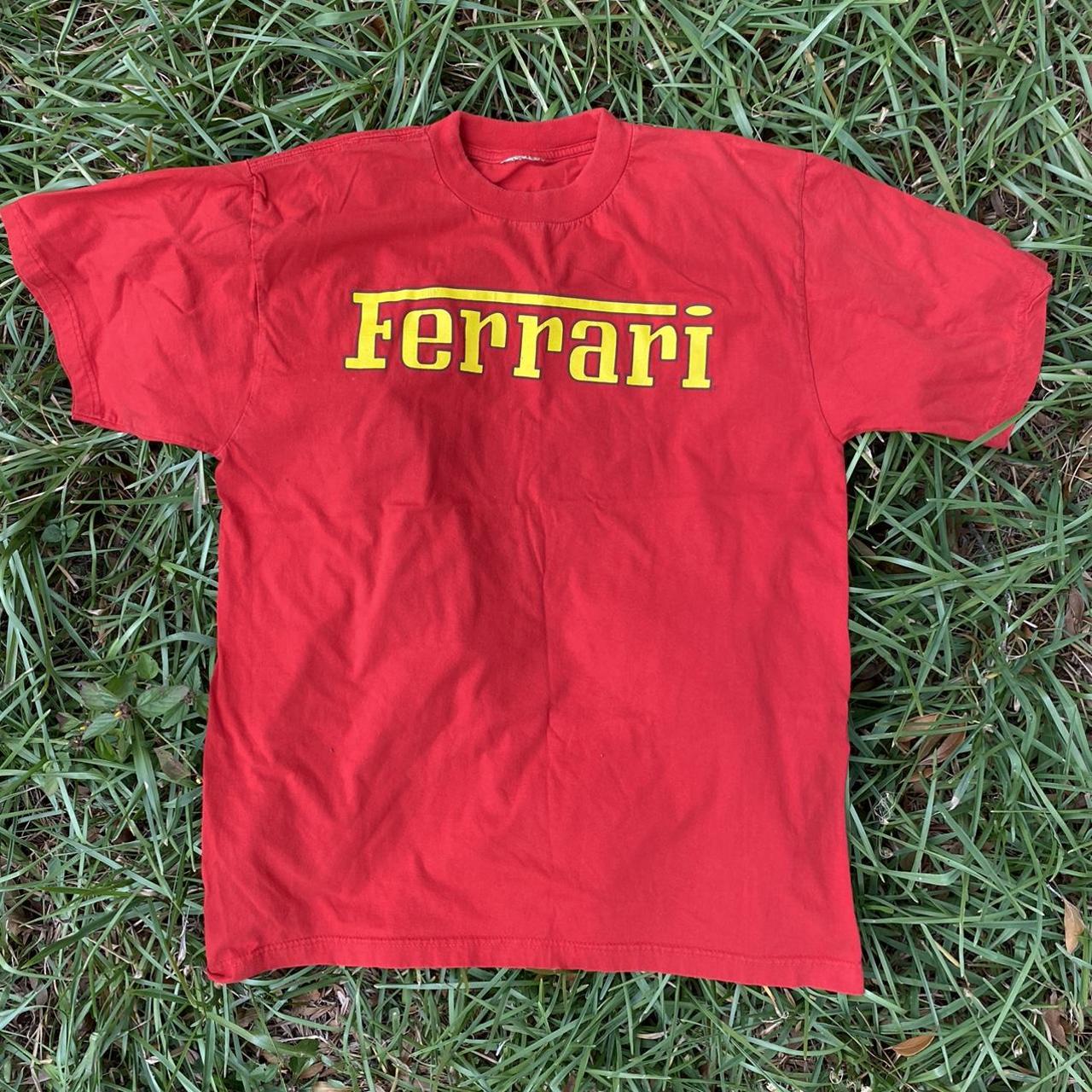 - Red with Ferrari name in yellow printed on the... - Depop