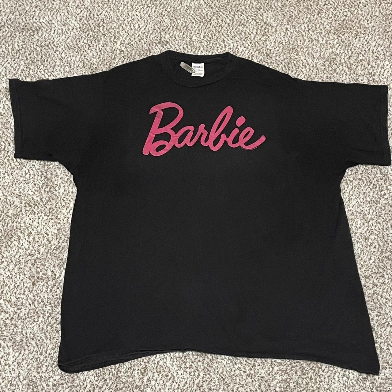 women’s 3xl pink Barbie logo on black t-shirt - Depop