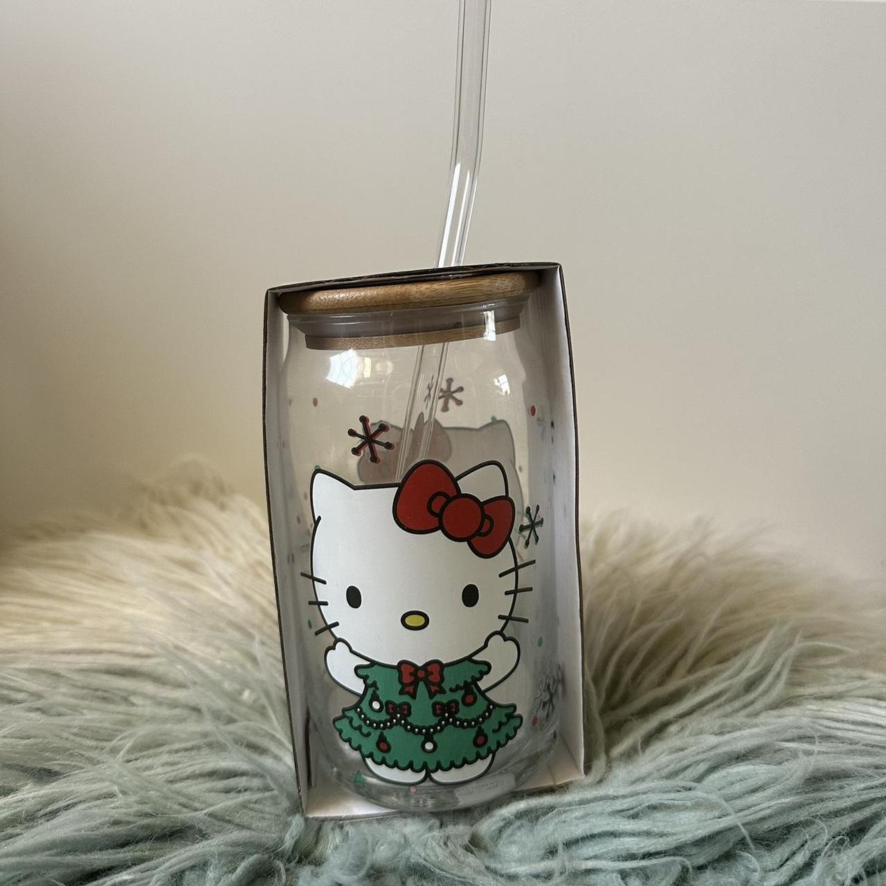 Hello Kitty glass tumbler with bamboo lid and glass... - Depop