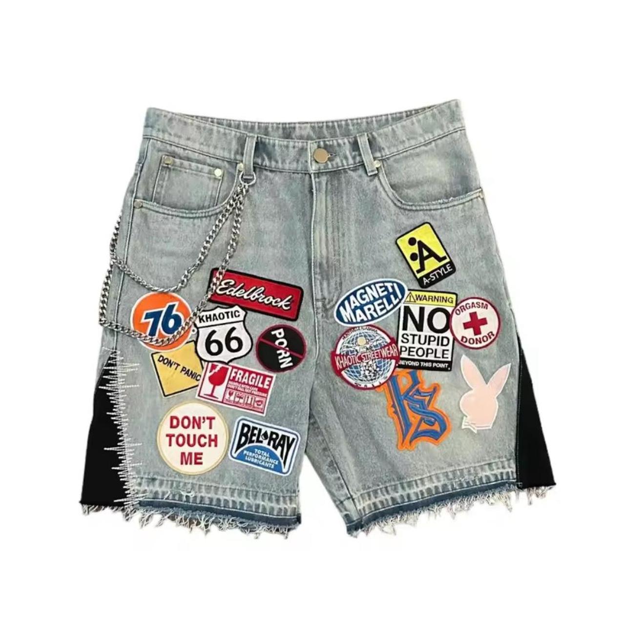 Blue denim jorts with designs | Depop