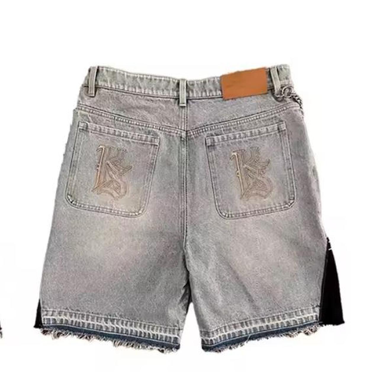 Blue denim jorts with designs | Depop