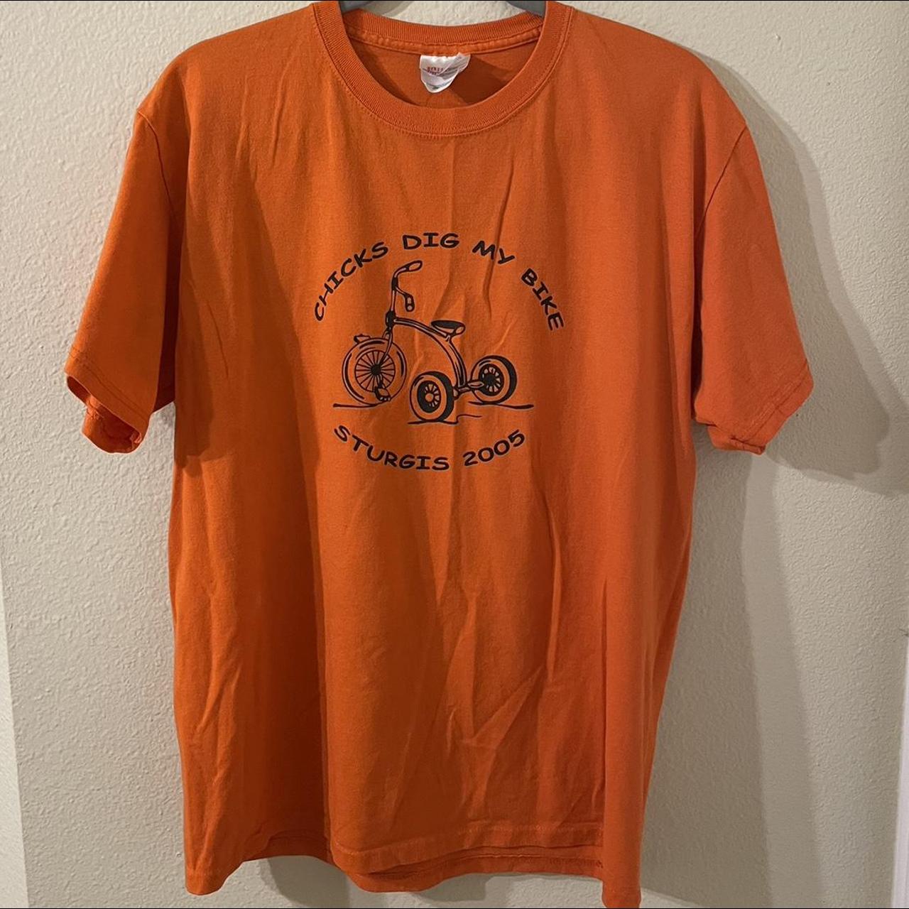 Large orange Hanes tee, Chicks Dig My Bike, very... - Depop