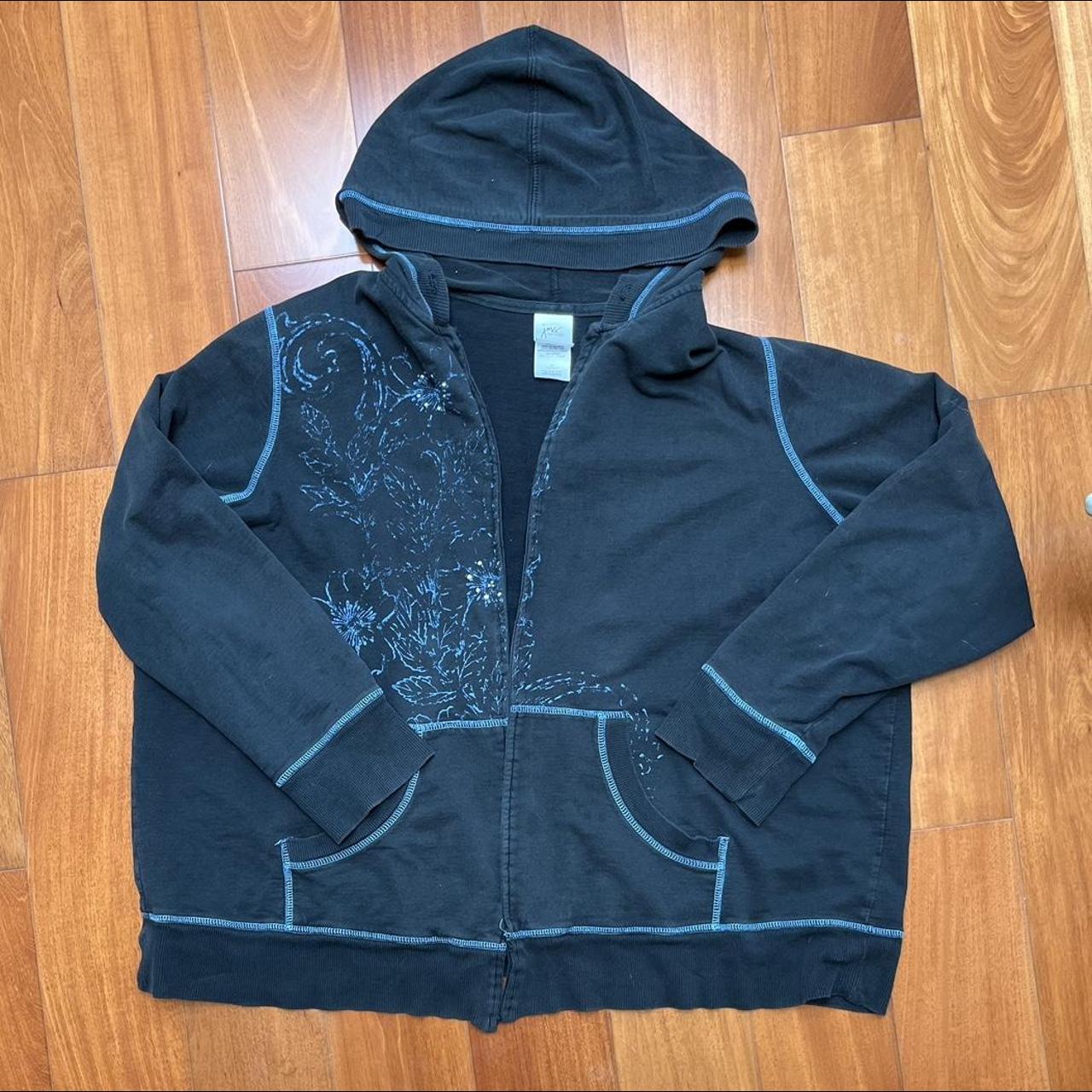 Oversized black and blue y2k zip up hoodie with... - Depop