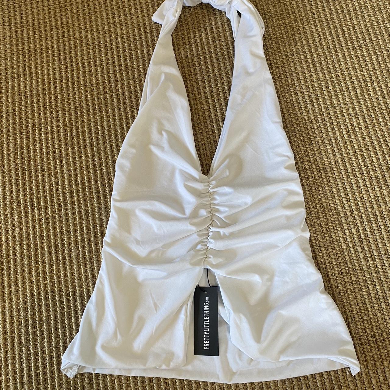 - white ruched halter neck plunge top from pretty... - Depop
