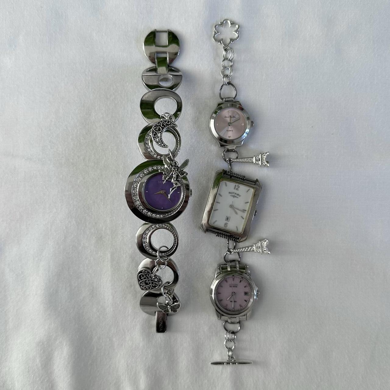 reworked watch bracelet stack in silver with pink /... - Depop