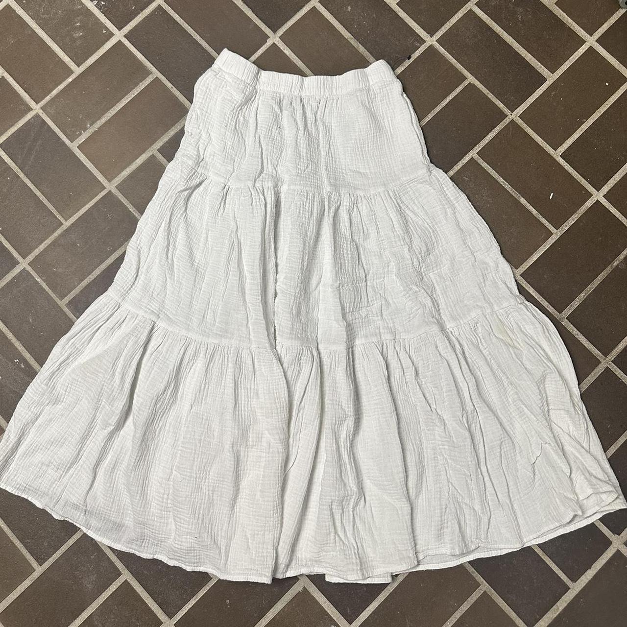 White tiered maxi skirt with elastic waist... - Depop