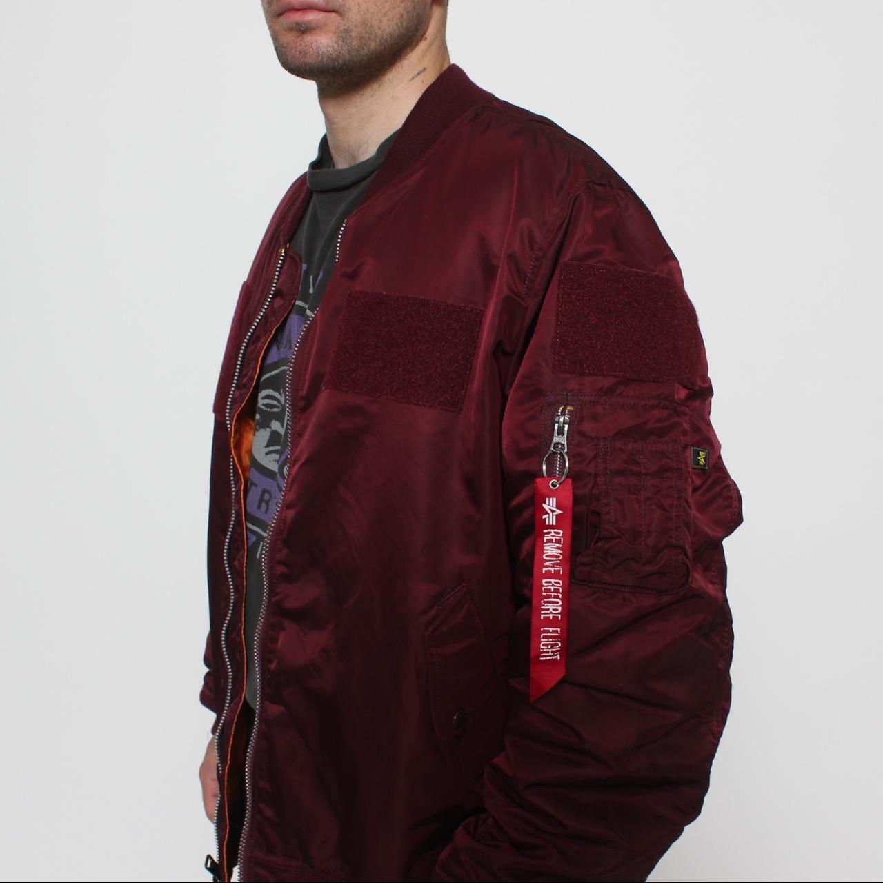 BURGUNDY VELCRO PATCH BOMBER JACKET BY ALPHA... - Depop