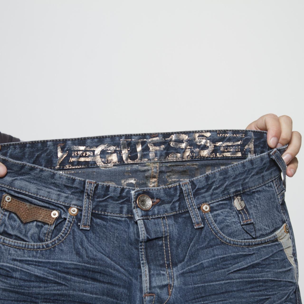 BLUE DENIM RELAXED BOOTCUT FIT PANTS BY GUESS// blue... | Depop