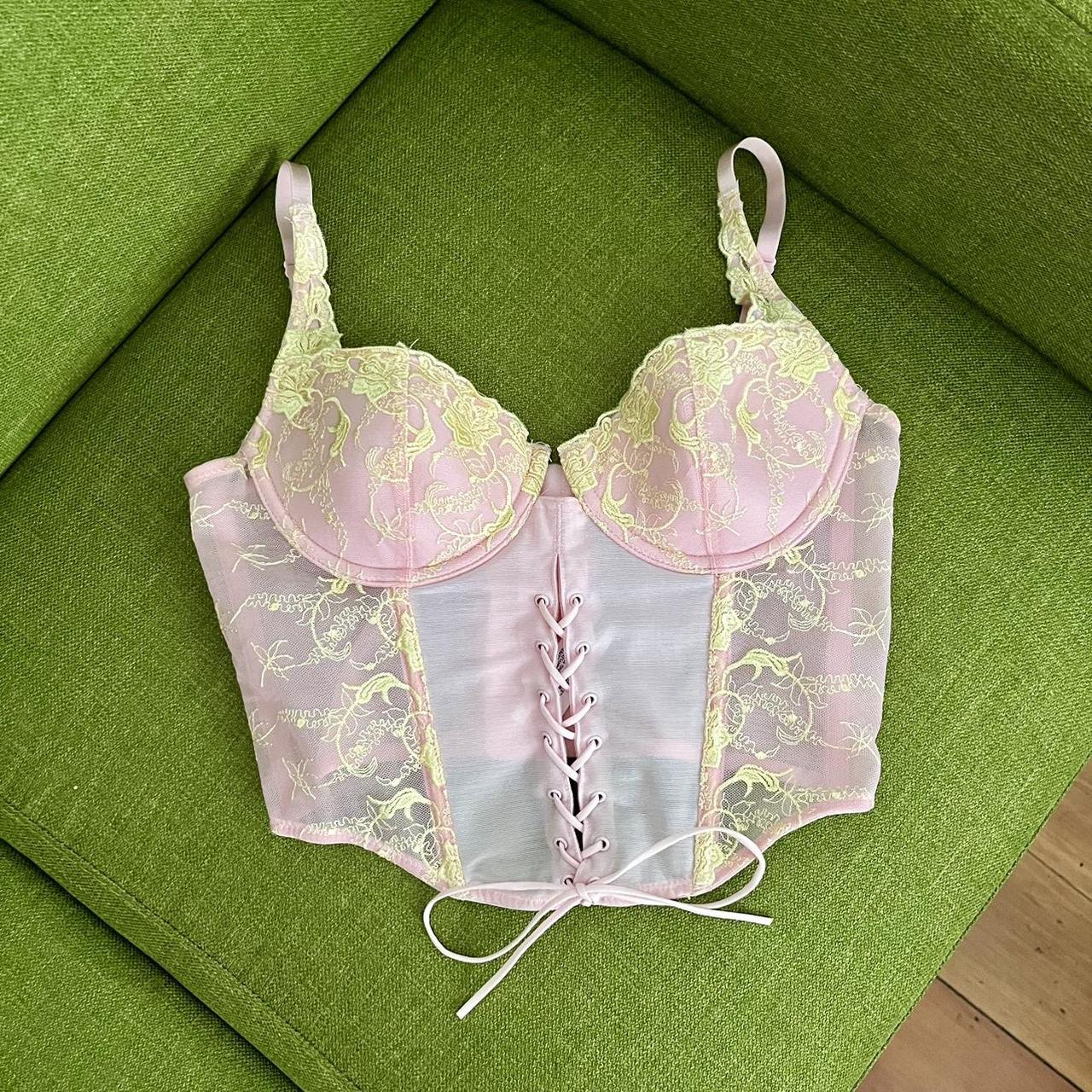 GLASSONS PINK AND YELLOW LACE CORSET - SIZE... - Depop