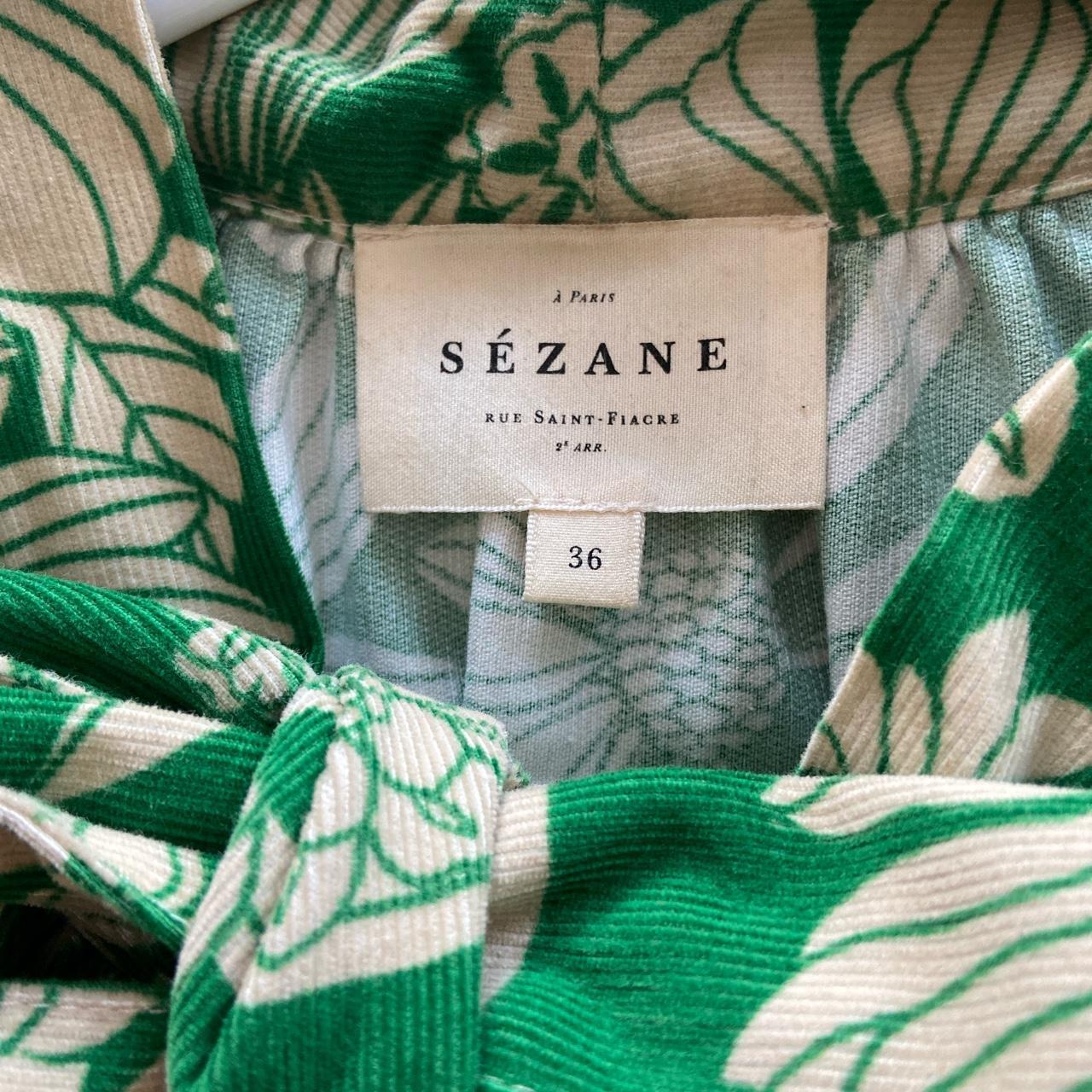 Sézane Women's Green and Cream Blouse | Depop