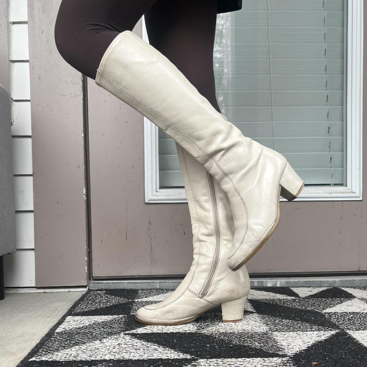 Vintage white leather knee high heels boots! Vintage... - Depop