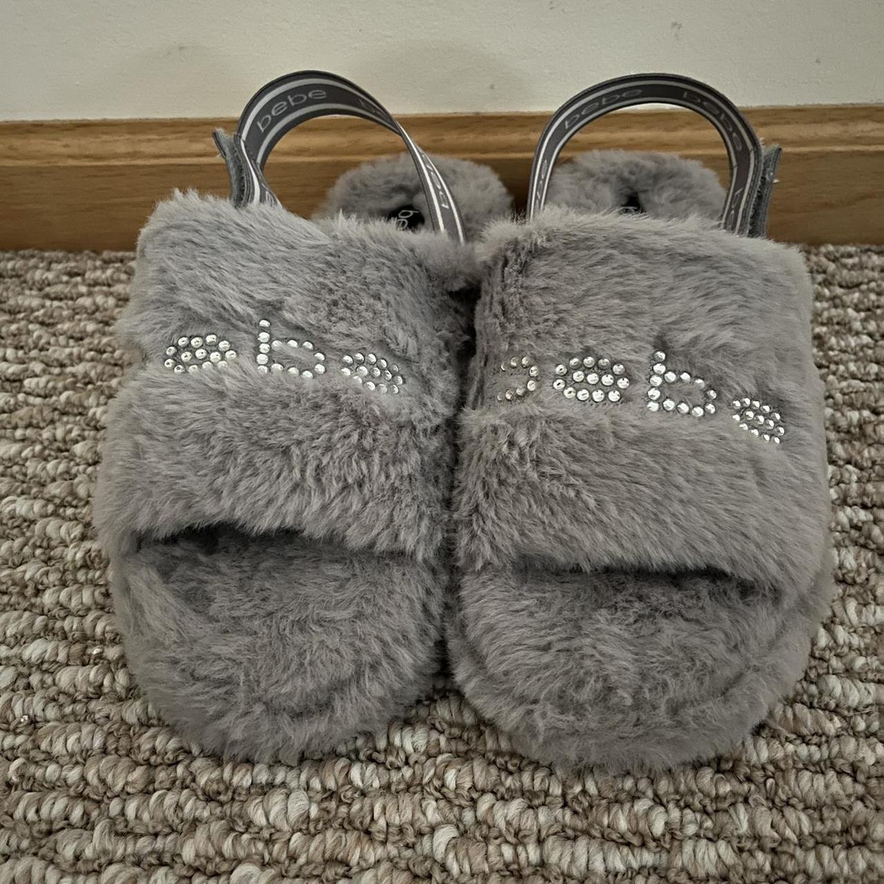 NWOT Bebe gray fur slippers with Velcro straps Size... - Depop