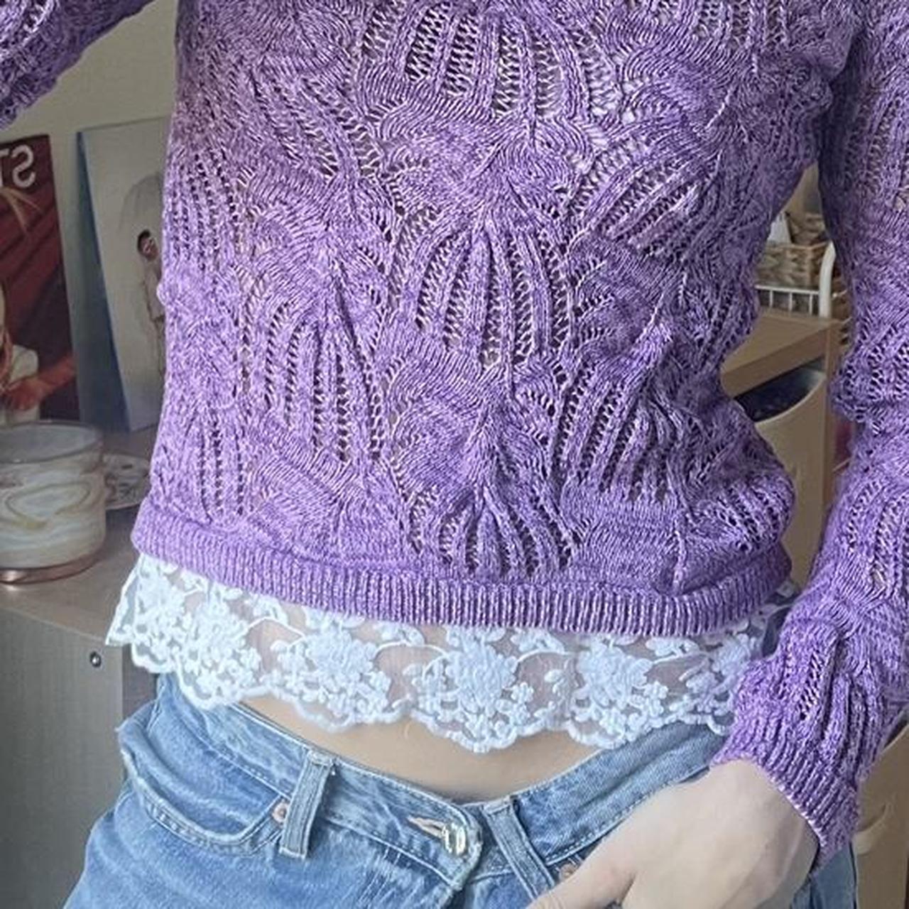 Purple knit sweater with lacy hem Size petite... - Depop