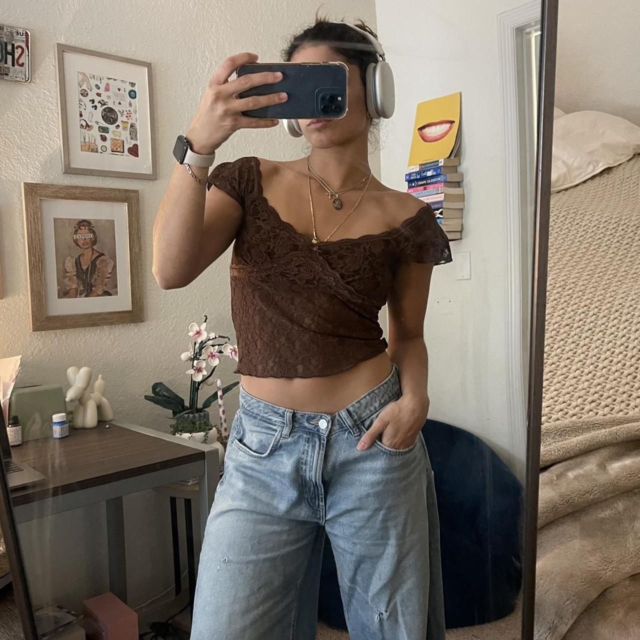 Brown lacy blouse No tag- fits like M - Depop