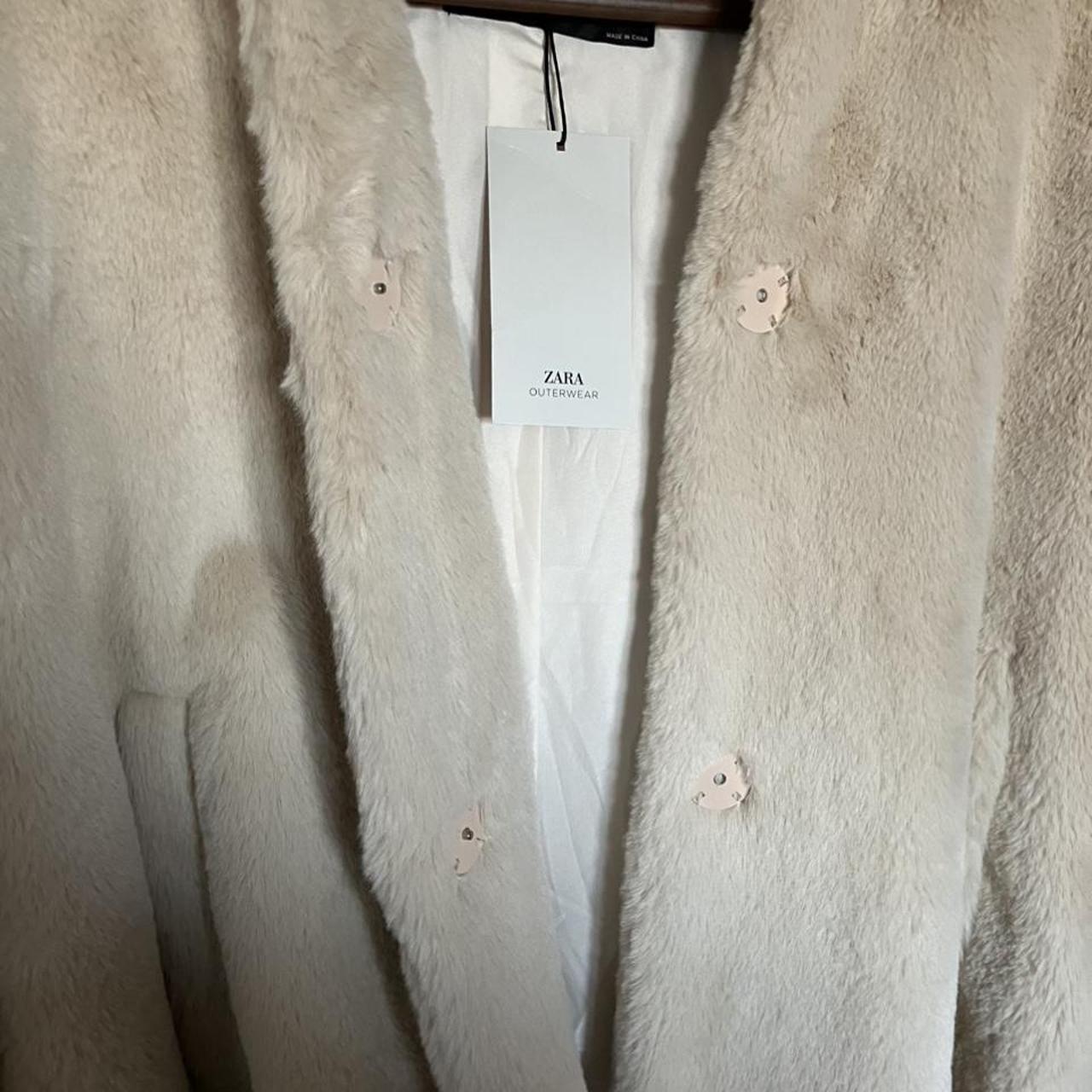 Zara sand / cream coloured faux fur jacket with... - Depop